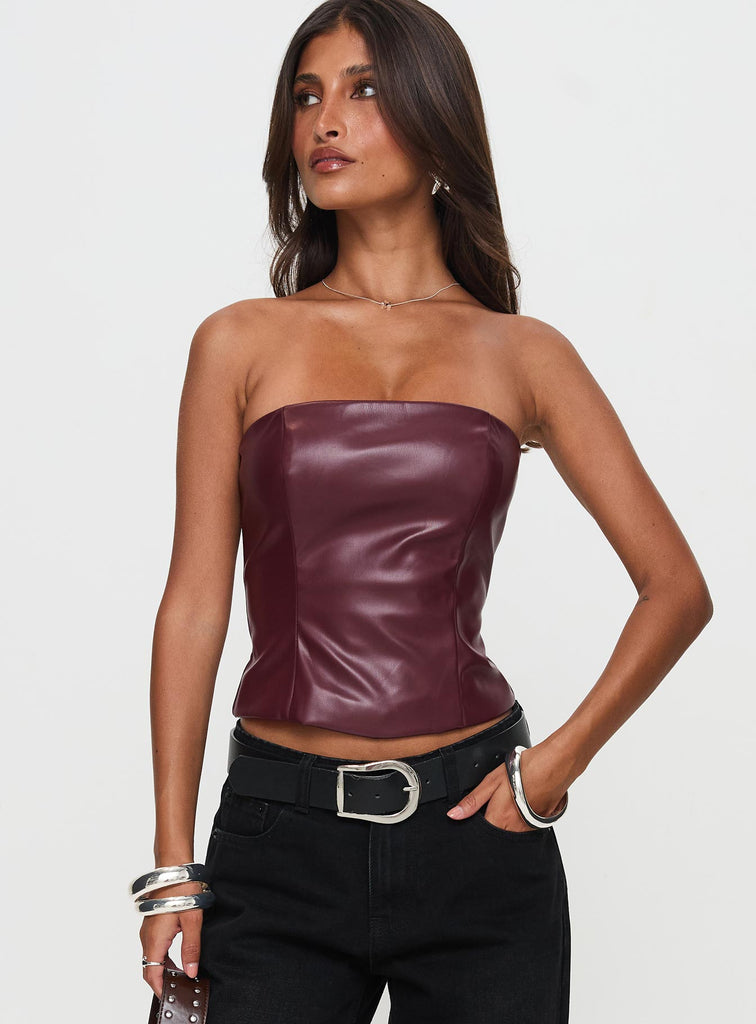 Oaklee Strapless Faux Leather Top Burgundy | Princess Polly