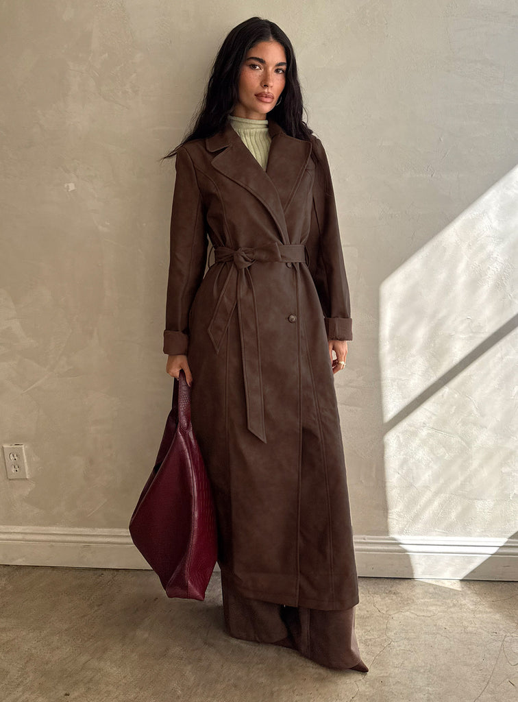 Salazar Longline Belted Trench Coat Chocolate Brown | Princess Polly