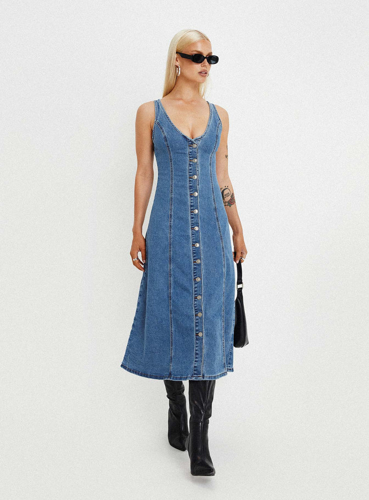 Midler Denim Midi Dress Mid Blue | Princess Polly
