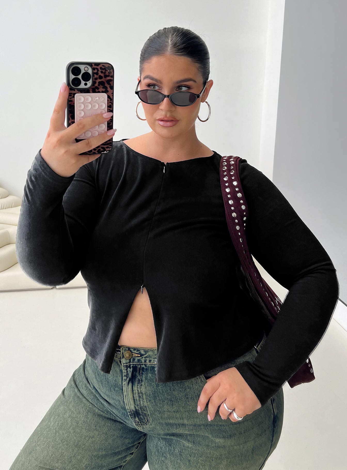 Kortez Long Sleeve Zip Through Top Black Curve | Princess Polly