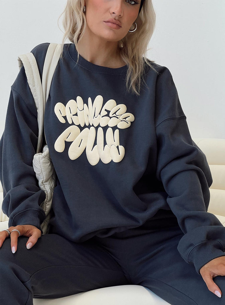 Princess Polly Crew Neck Sweatshirt Bubble Text Slate / Eggshell ...