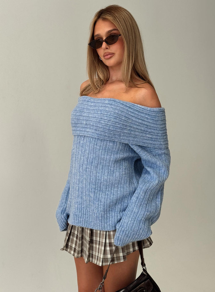 Snowie Off Shoulder Knit Sweater Blue | Princess Polly