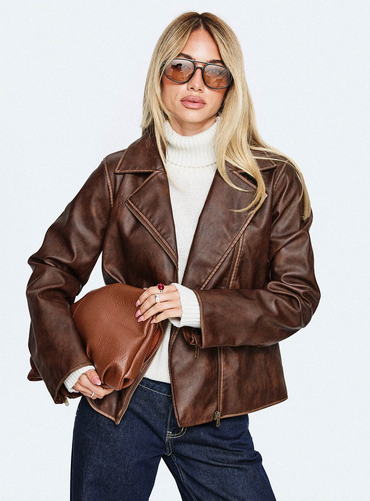 Vyolette Faux Leather Collared Jacket Washed Brown | Princess Polly