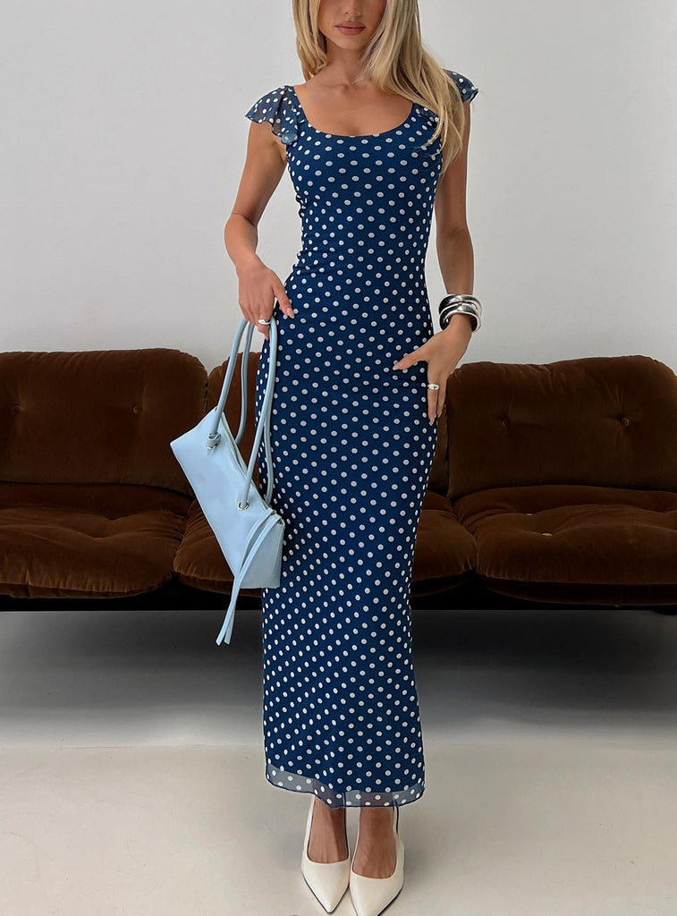 Sandberg Maxi Dress Blue Polka Dot | Princess Polly