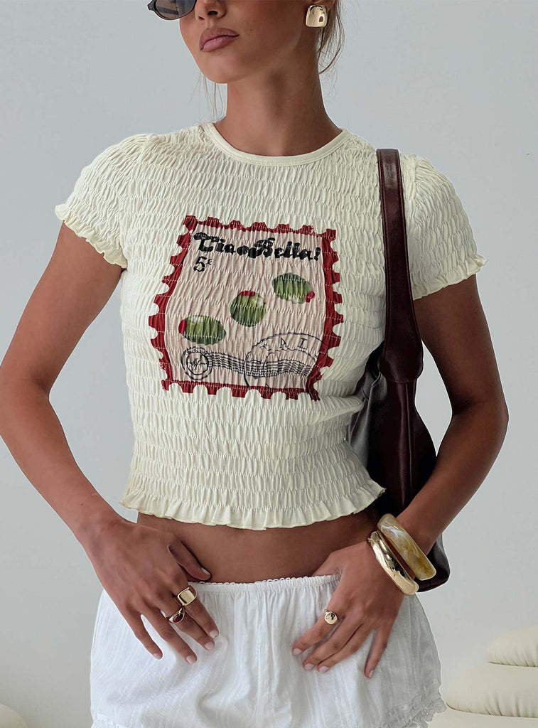 Ciao Bella Shirred Graphic Top Cream | Princess Polly
