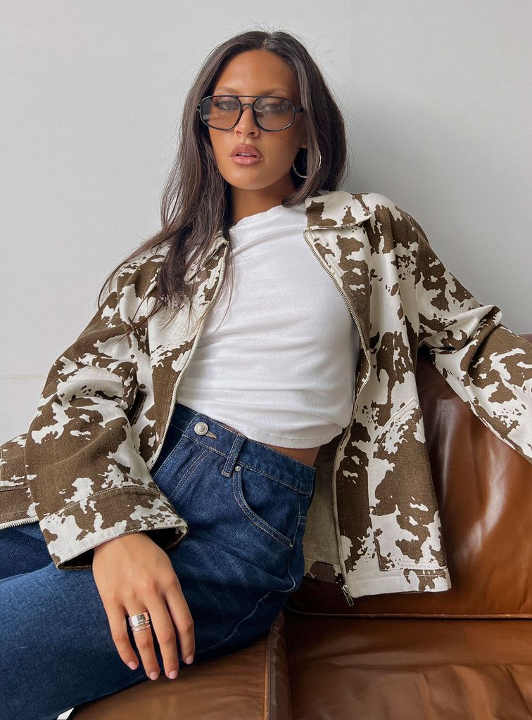 Another Life Zip Through Jacket Cow | Princess Polly