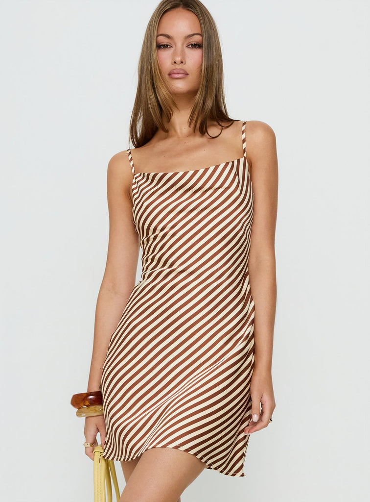 Mylla Cowl Neck Mini Dress Brown Stripe | Princess Polly