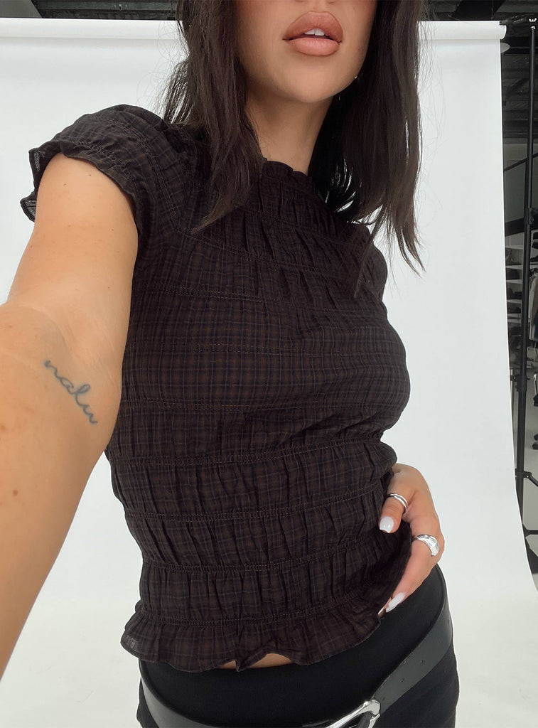 Romelle Shirred Top Black / Brown Plaid | Princess Polly