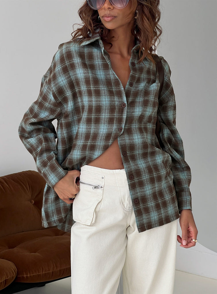 Perlita Long Sleeve Collared Shirt Brown Check | Princess Polly