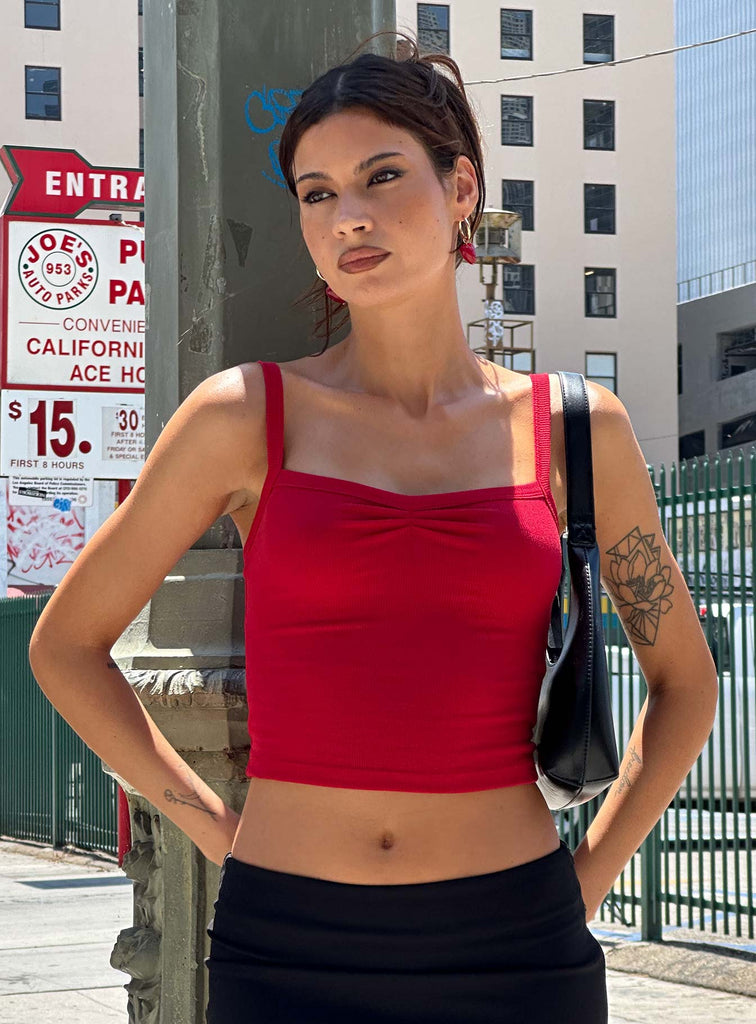 Essentials Ruched Rib Cami Top Red | Princess Polly