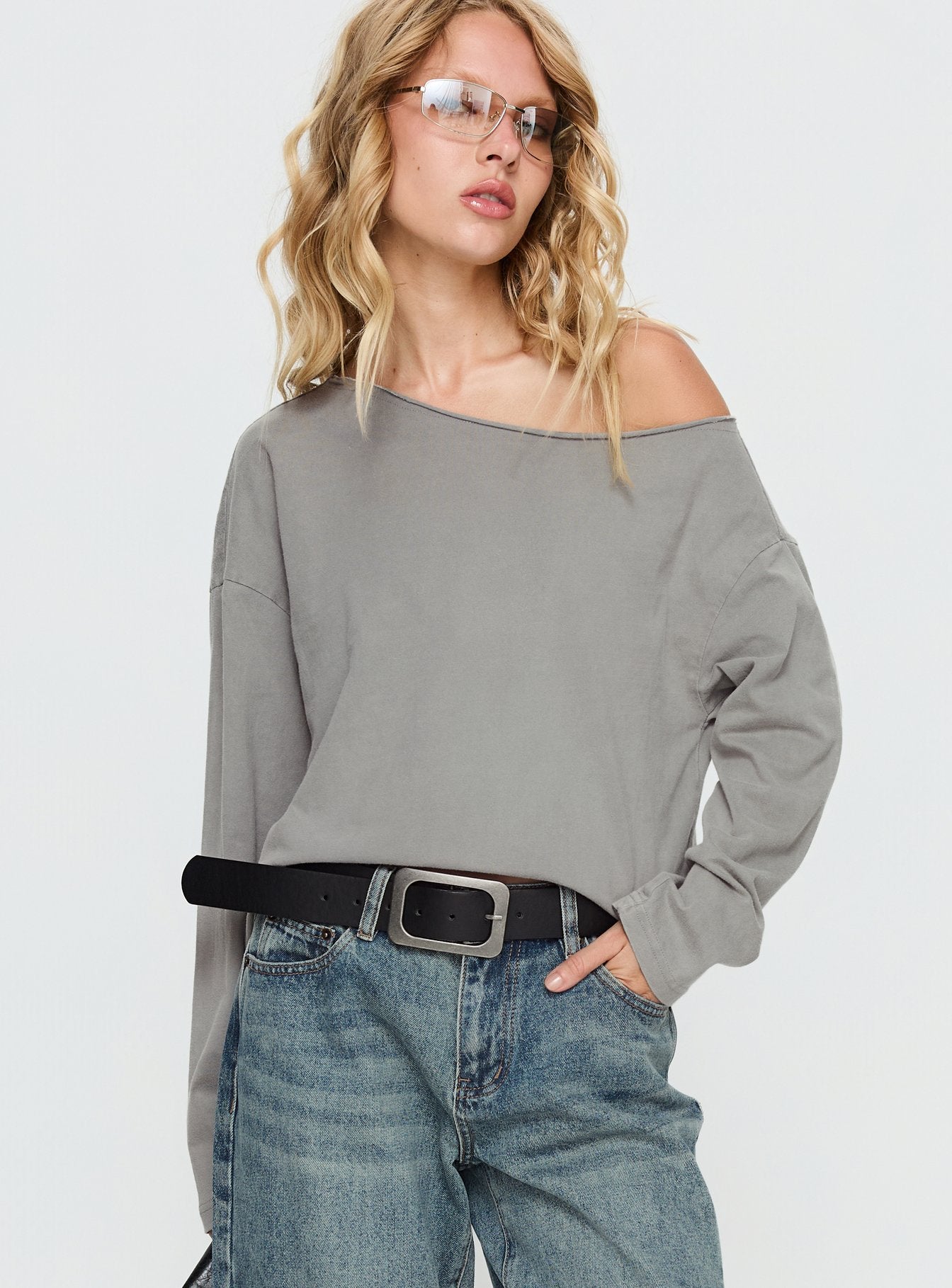 Karlyn Off Shoulder Long Sleeve Grey | Princess Polly
