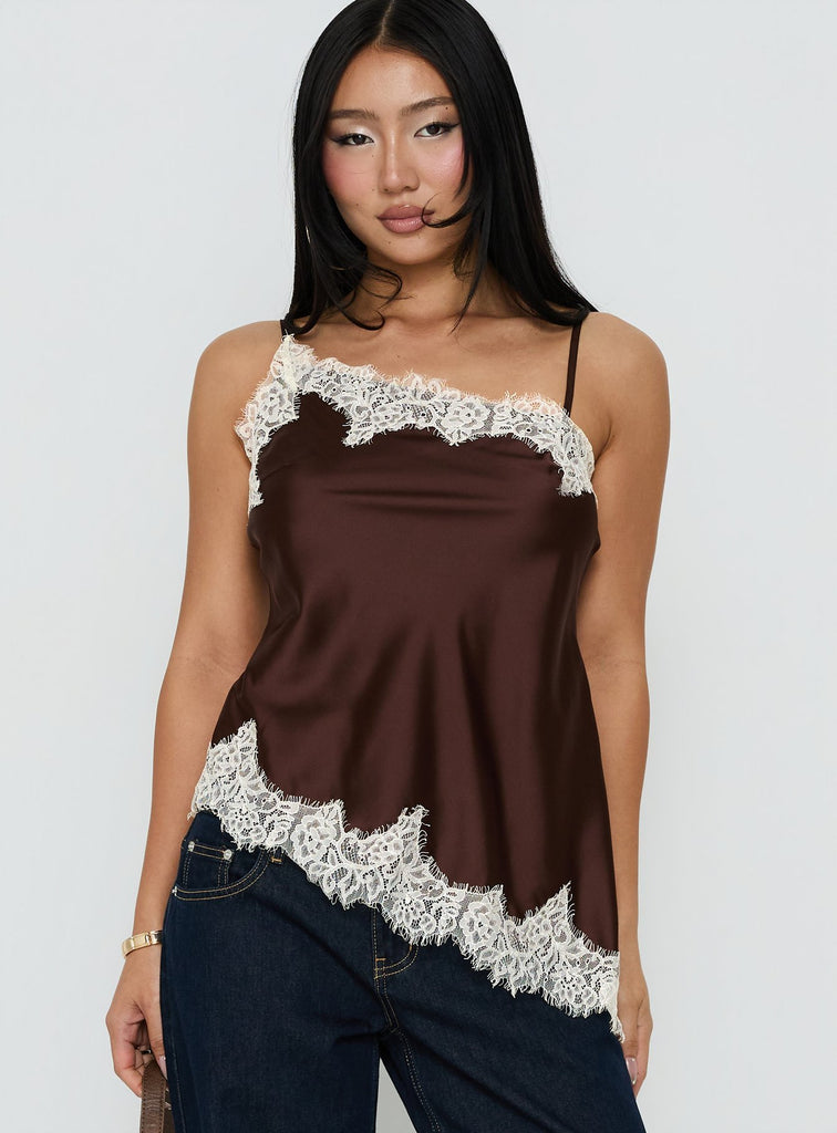 Winta Lace Trim Asymmetrical Satin Top Chocolate | Princess Polly