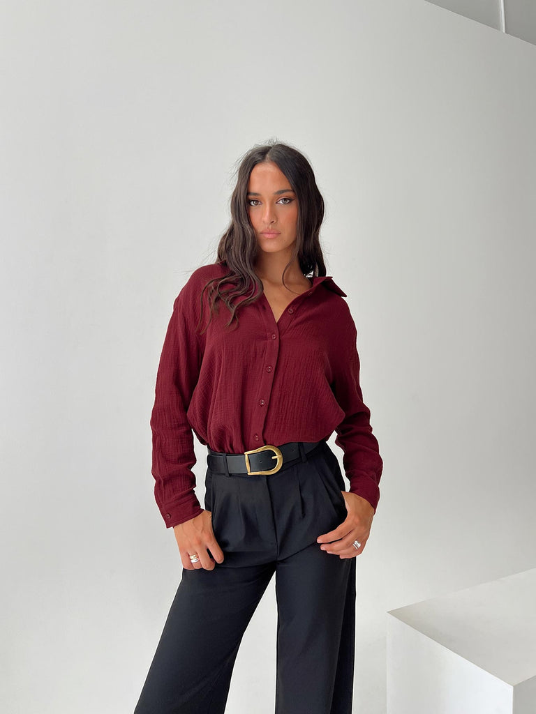 Mahalia Shirt Burgundy | Princess Polly