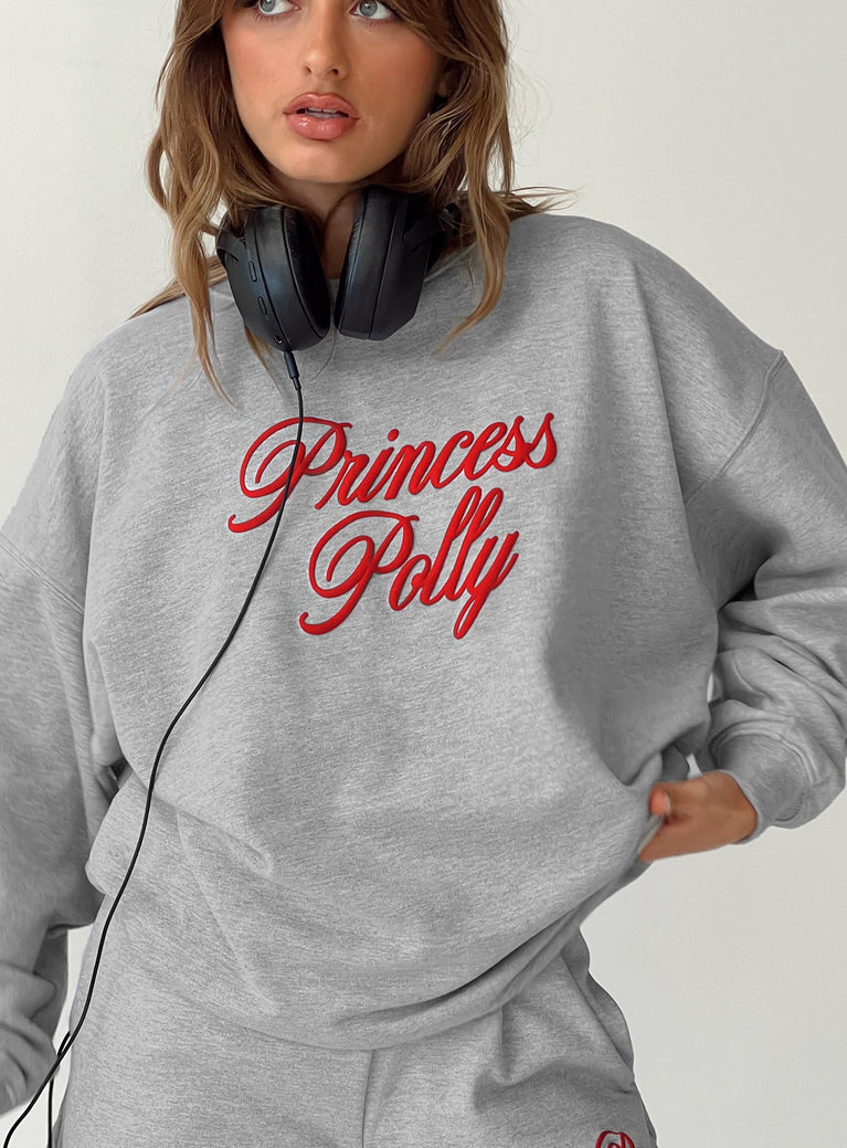 Princess Polly Crew Neck Sweatshirt Cursive Text Grey Marle / Red ...