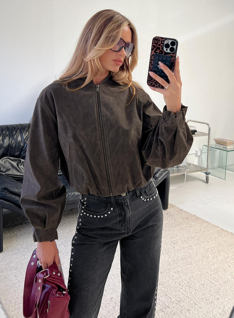 Mastery Faux Suede Bomber Jacket Charcoal | Princess Polly