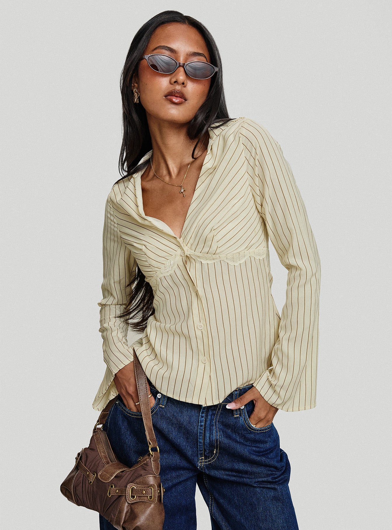 Life Begins Long Sleeve Lace Trim Top Cream Stripe | Princess Polly