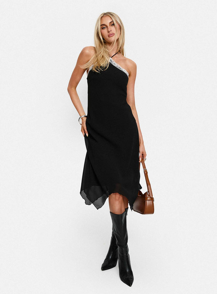 Naila Halter Lace Trim Maxi Dress Black | Princess Polly