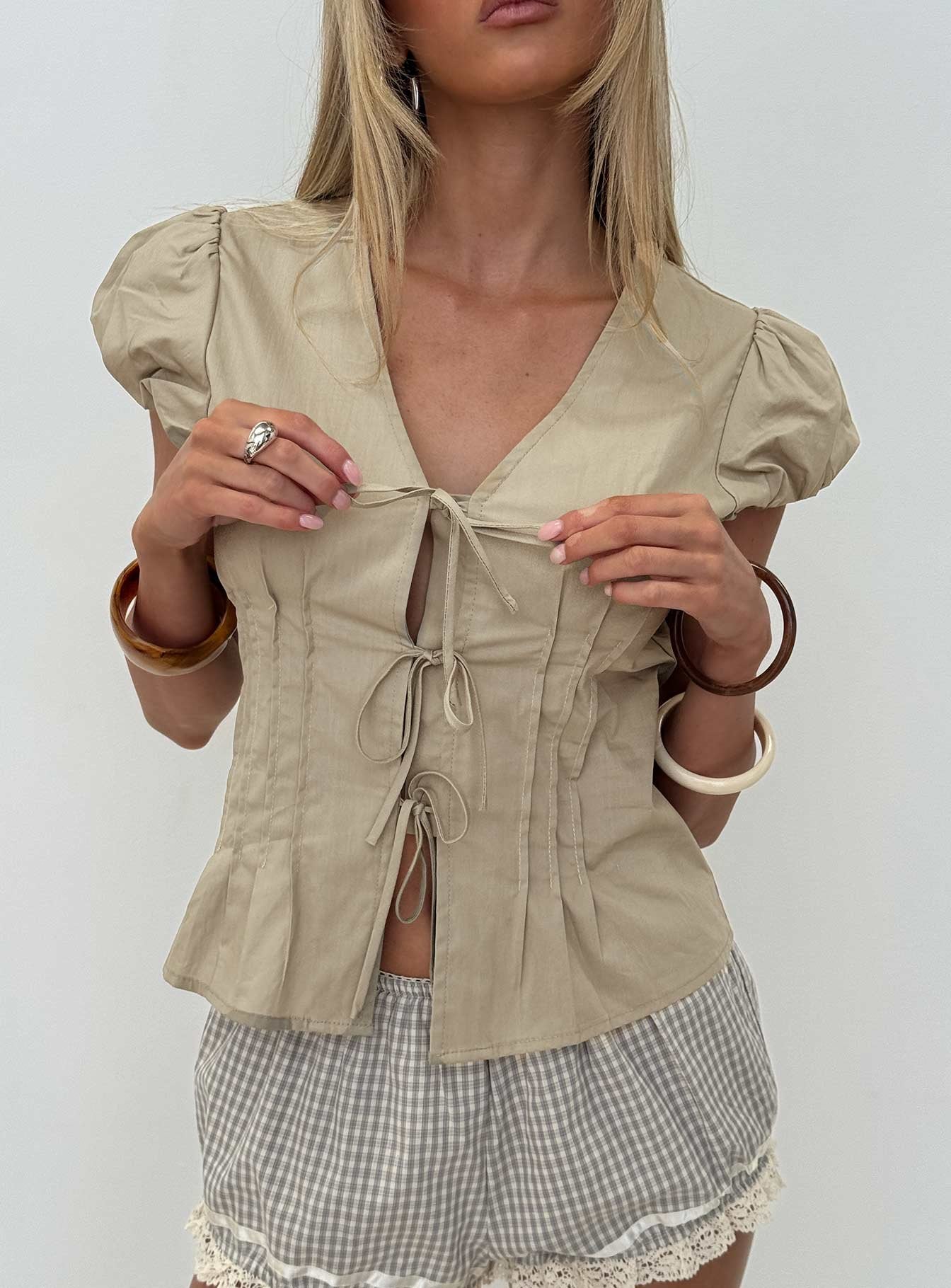 Elenna Tie Detail Blouse Top Beige | Princess Polly