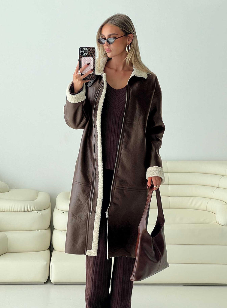 Ammelia Shearling Long-line Jacket Brown | Princess Polly