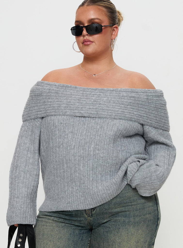 Snowie Off Shoulder Knit Sweater Grey Curve | Princess Polly