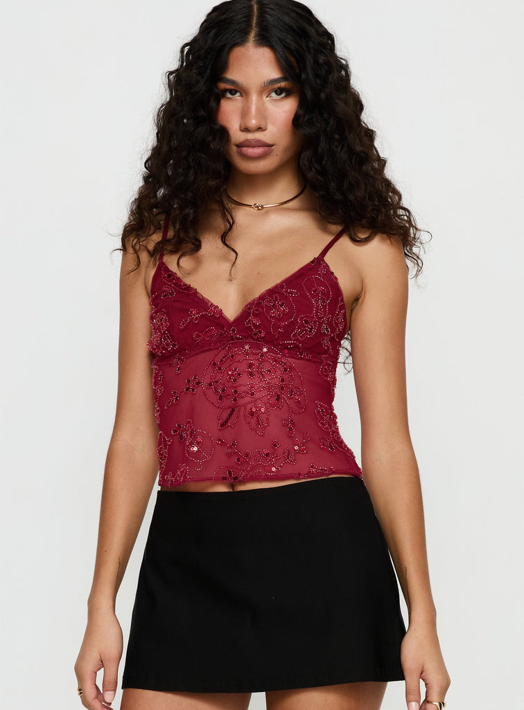 Halima Bead Detail Cami Top Red | Princess Polly