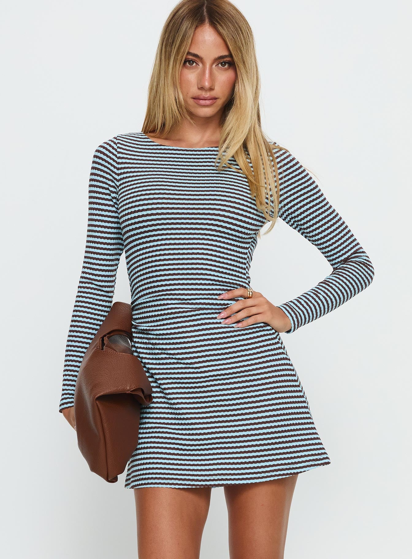 Carnella Long Sleeve Mini Dress Blue Stripe | Princess Polly