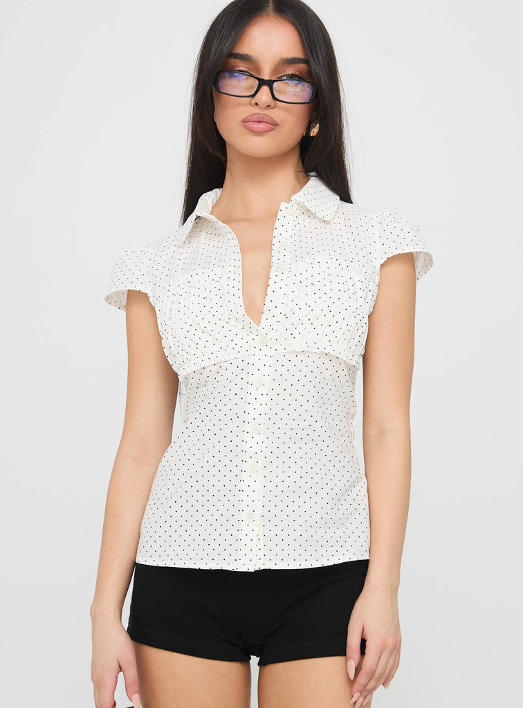 Lyzbeth Ruched Button Up Top White Polka | Princess Polly