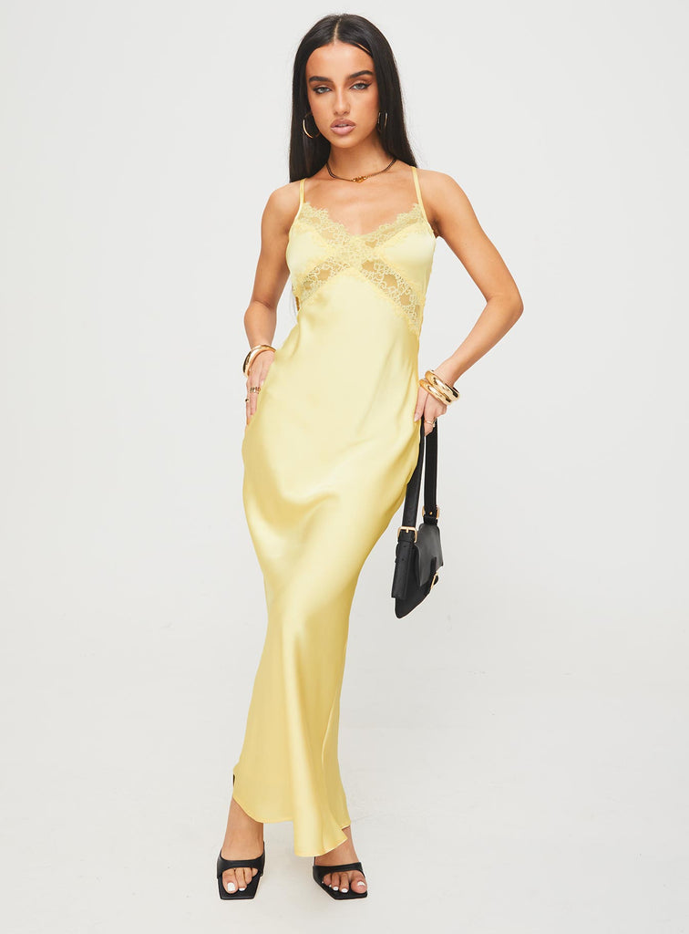 Treasure Bias Cut Maxi Dress Lemon | Princess Polly