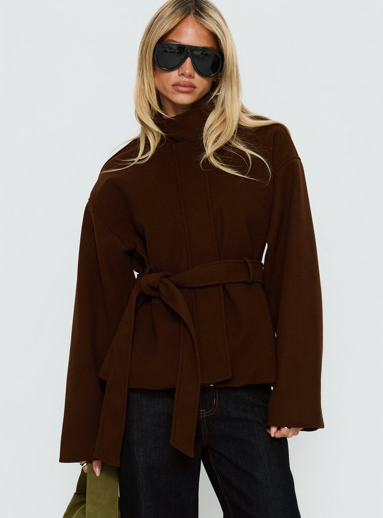 Tameeka Funnel Neck Coat Brown | Princess Polly