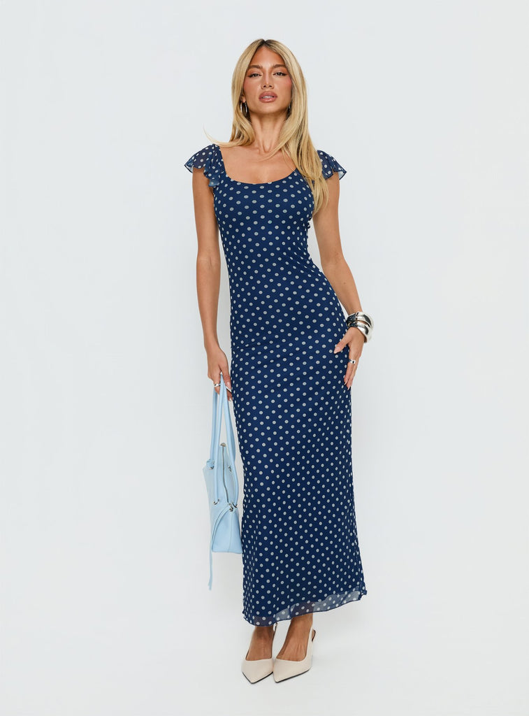 Sandberg Maxi Dress Blue Polka Dot | Princess Polly