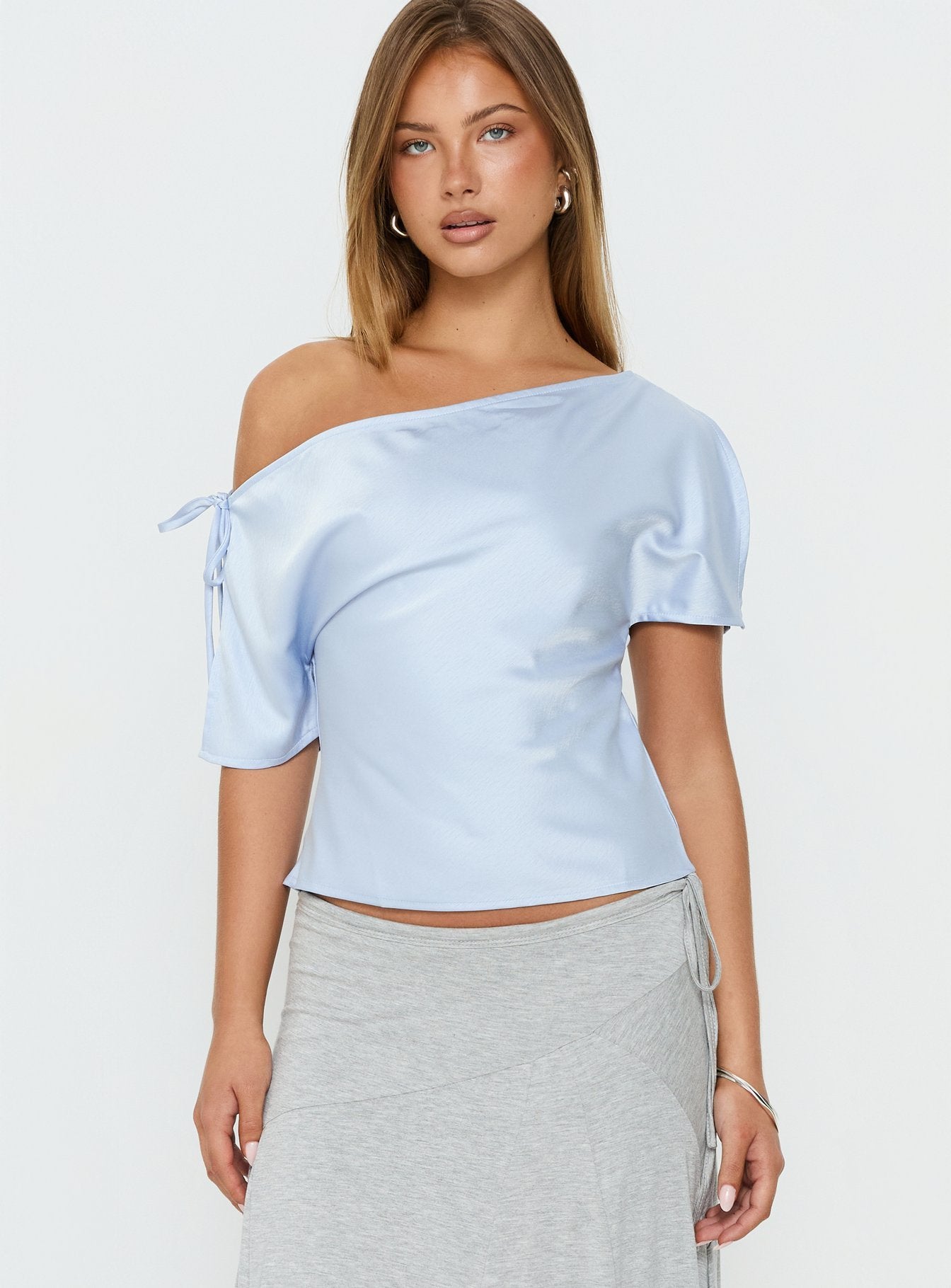 Faisa Off Shoulder Satin Top Powder Blue | Princess Polly