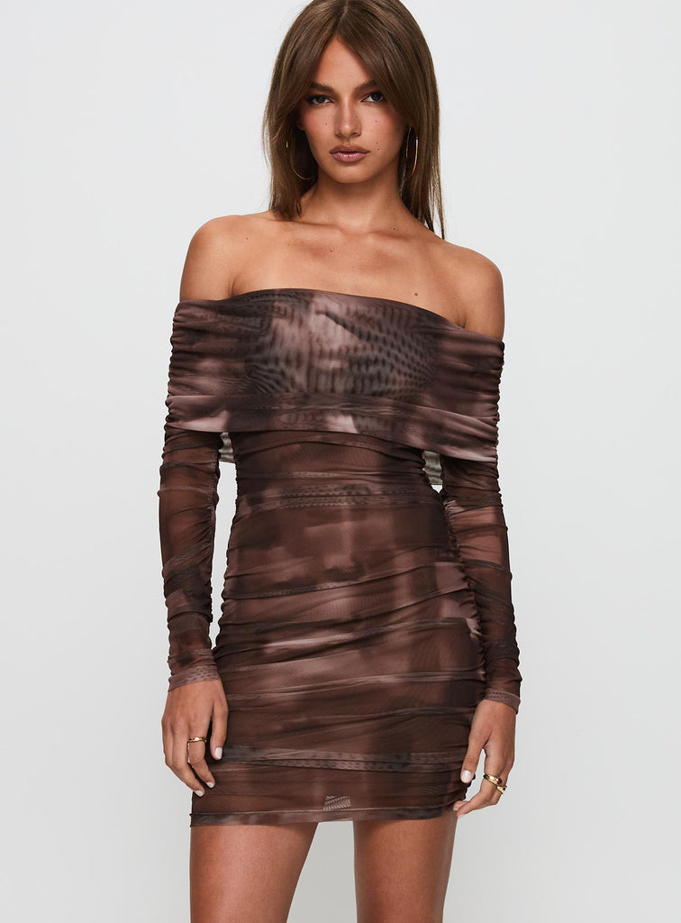 Raquella Long Sleeve Mini Dress Brown | Princess Polly USA