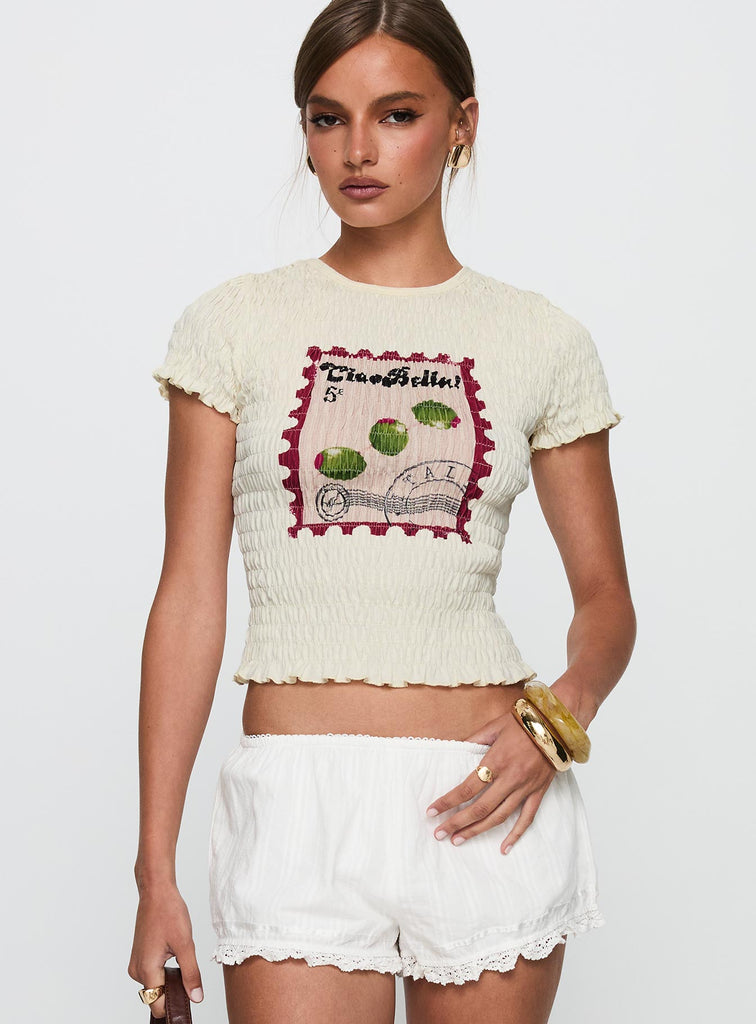 Ciao Bella Shirred Graphic Top Cream | Princess Polly