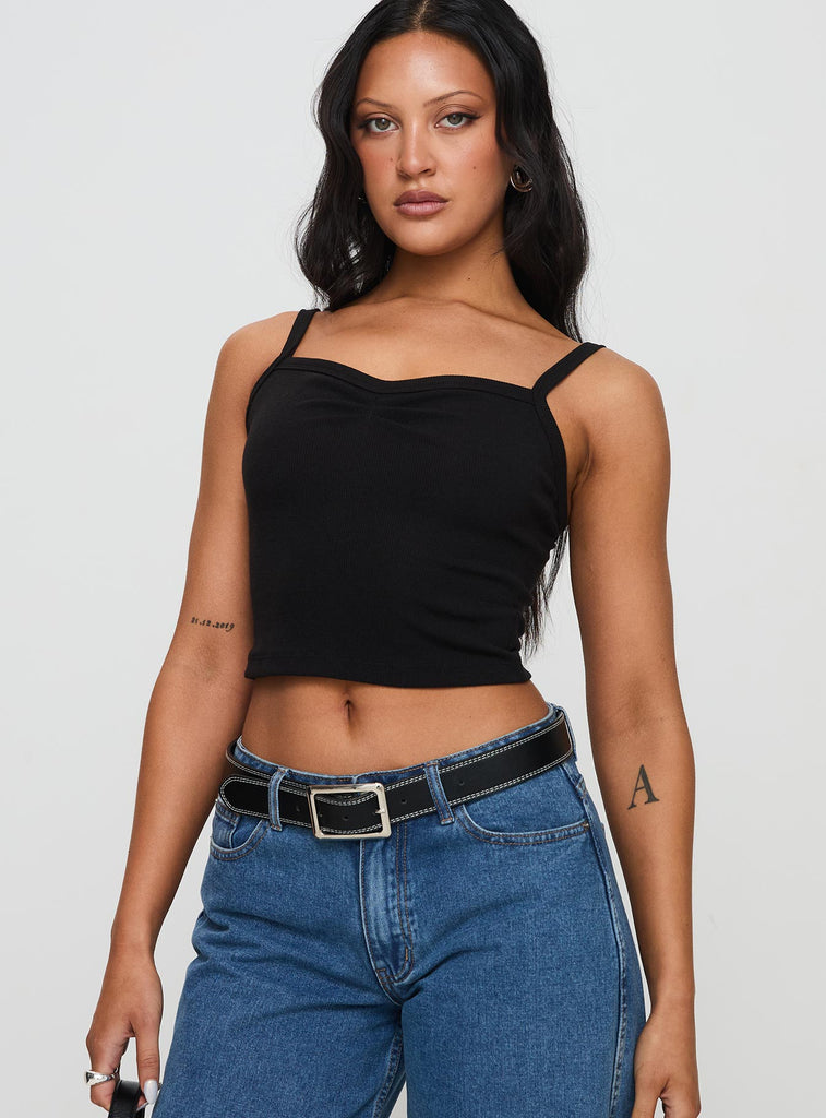 Essentials Ruched Rib Cami Top Black | Princess Polly