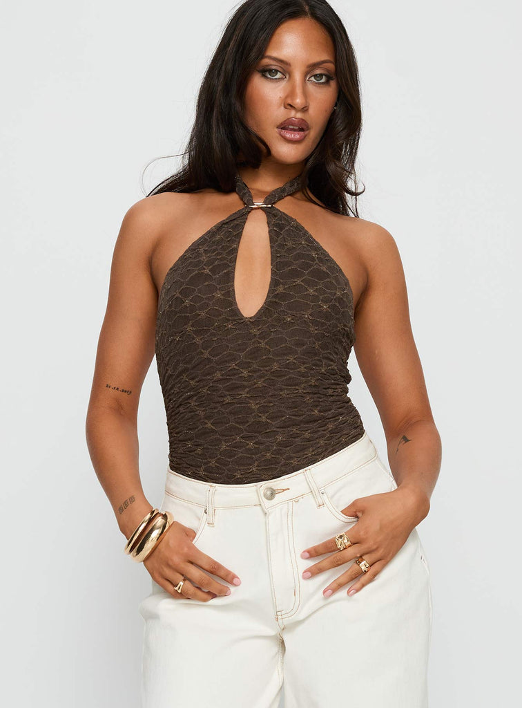 Libbey Hardware Detail Textured Bodysuit Brown | Princess Polly