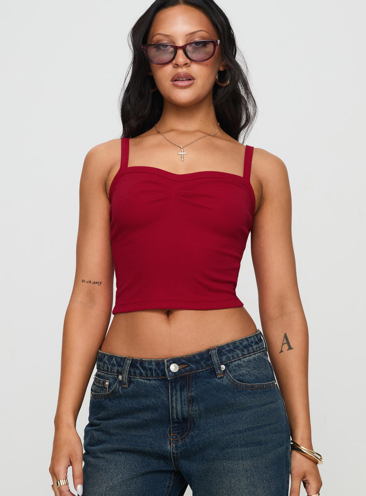 Essentials Ruched Rib Cami Top Red | Princess Polly