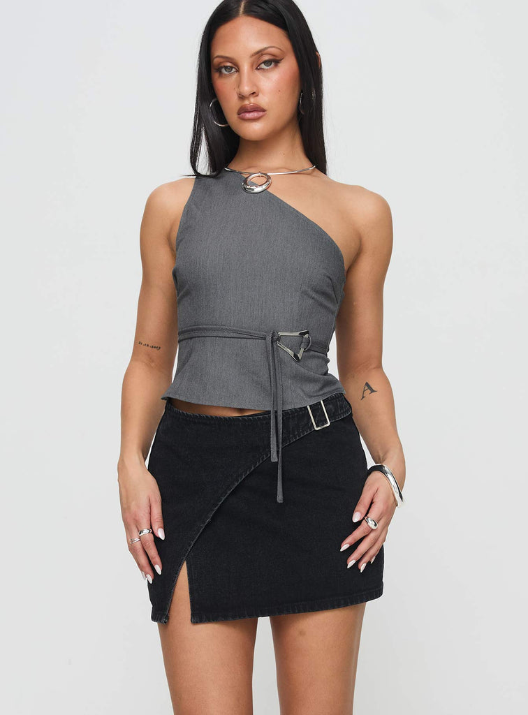 Wait Up Denim Wrap Mini Skirt Washed Black | Princess Polly