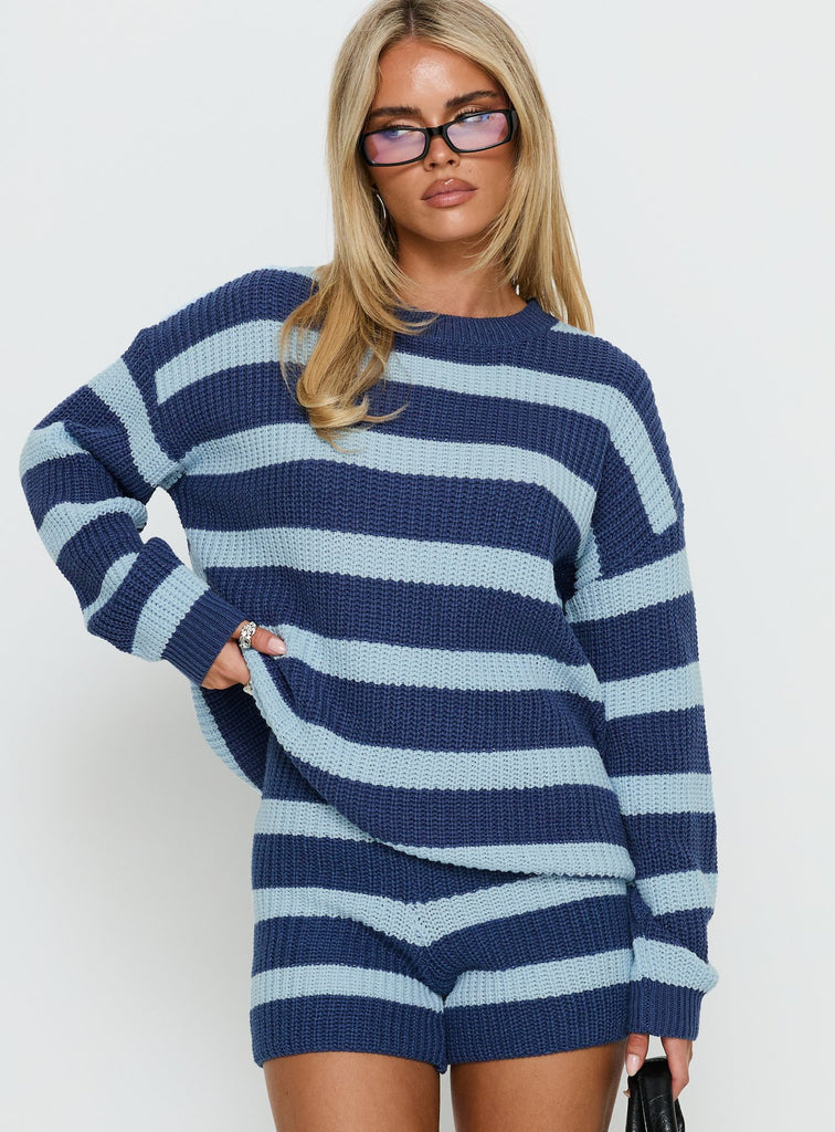 Kealin Crew Neck Knit Sweater Blue Stripe | Princess Polly
