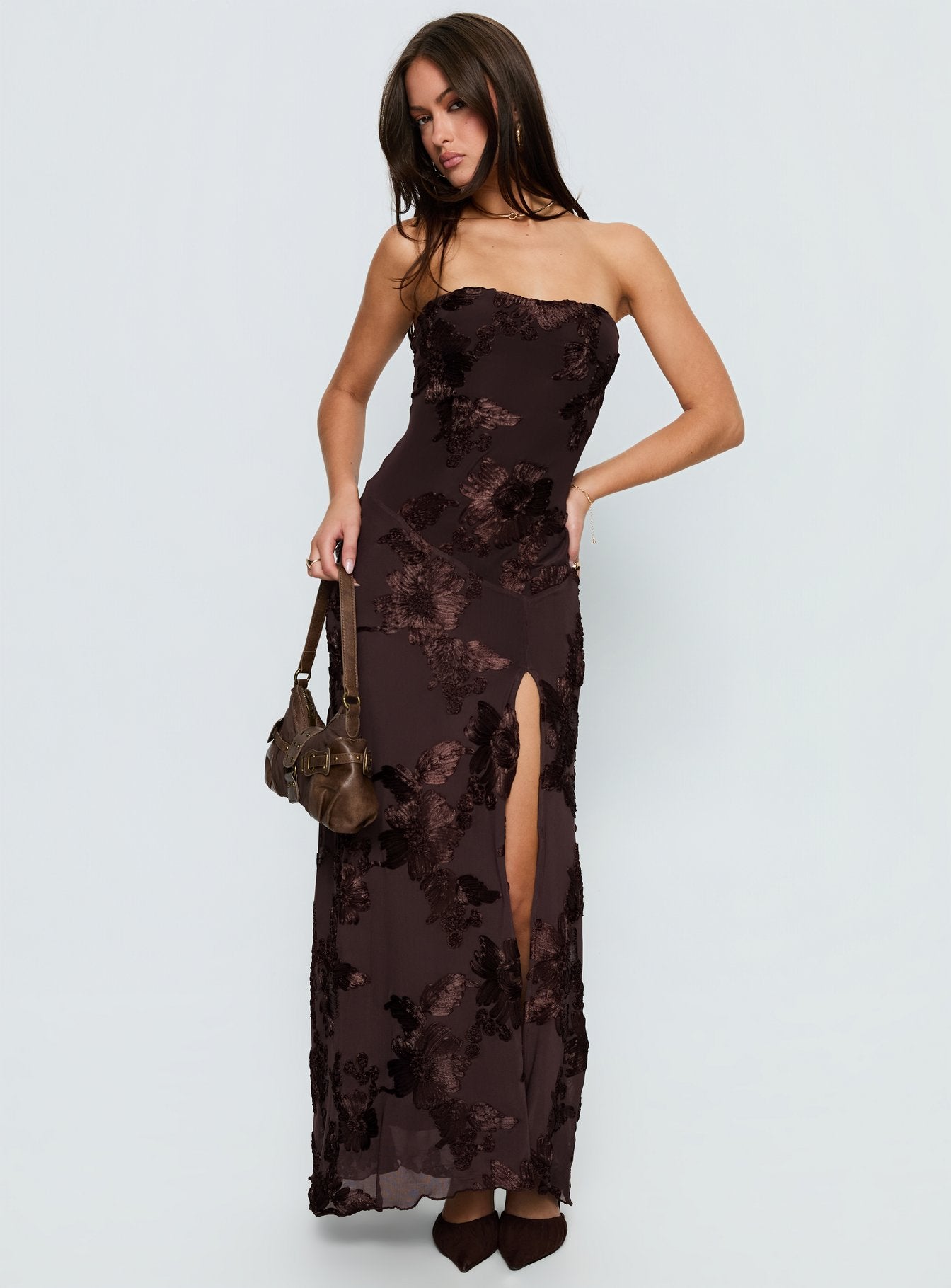 Maribeth Strapless Floral Maxi Dress Chocolate Brown | Princess Polly