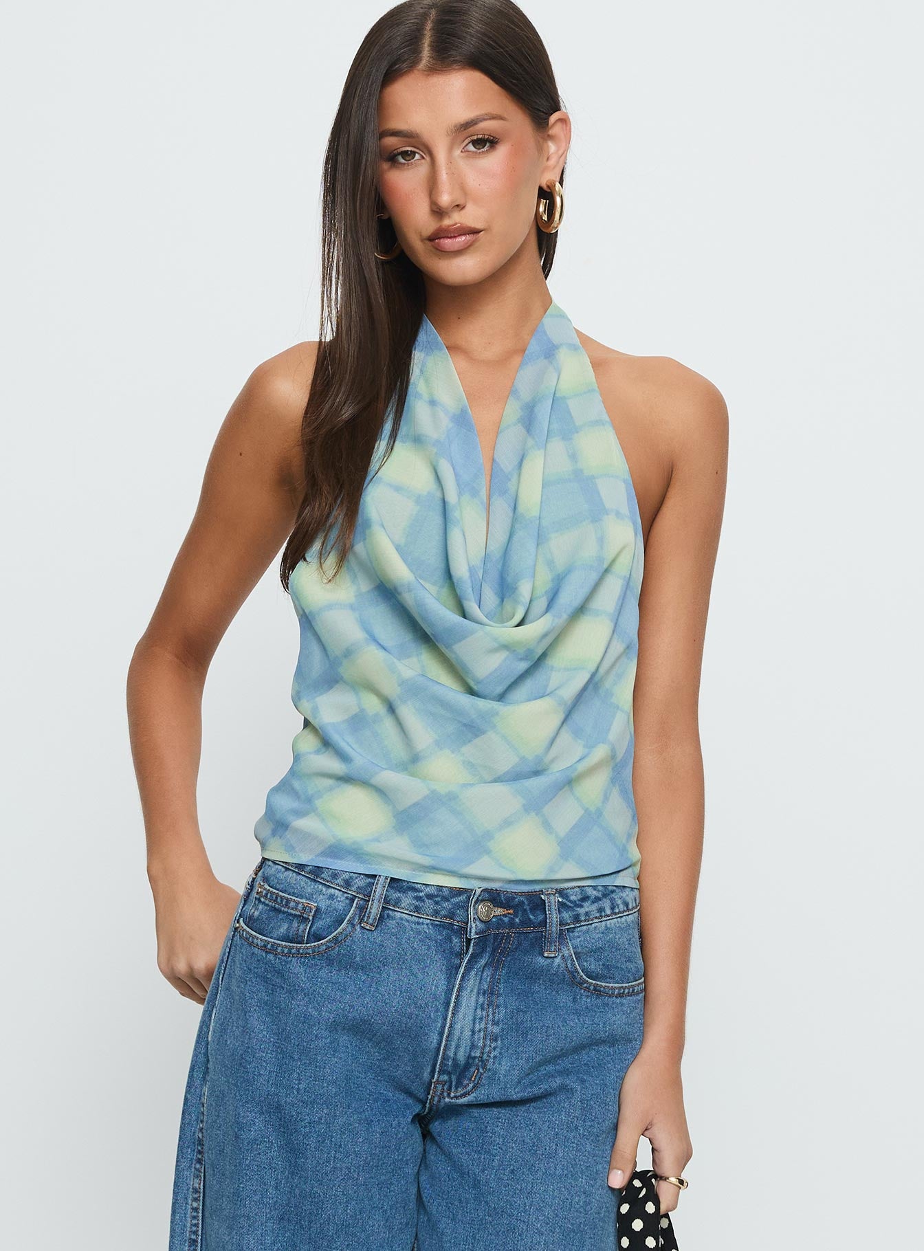Karelyn Plunge Neck Top Teal Check | Princess Polly