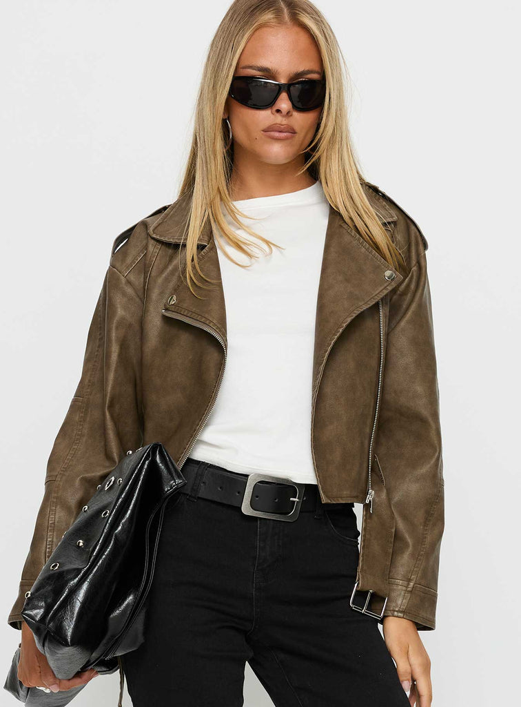 Talisha Faux Leather Biker Jacket Brown | Princess Polly