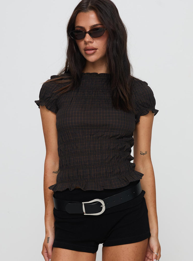 Romelle Shirred Top Black / Brown Plaid | Princess Polly