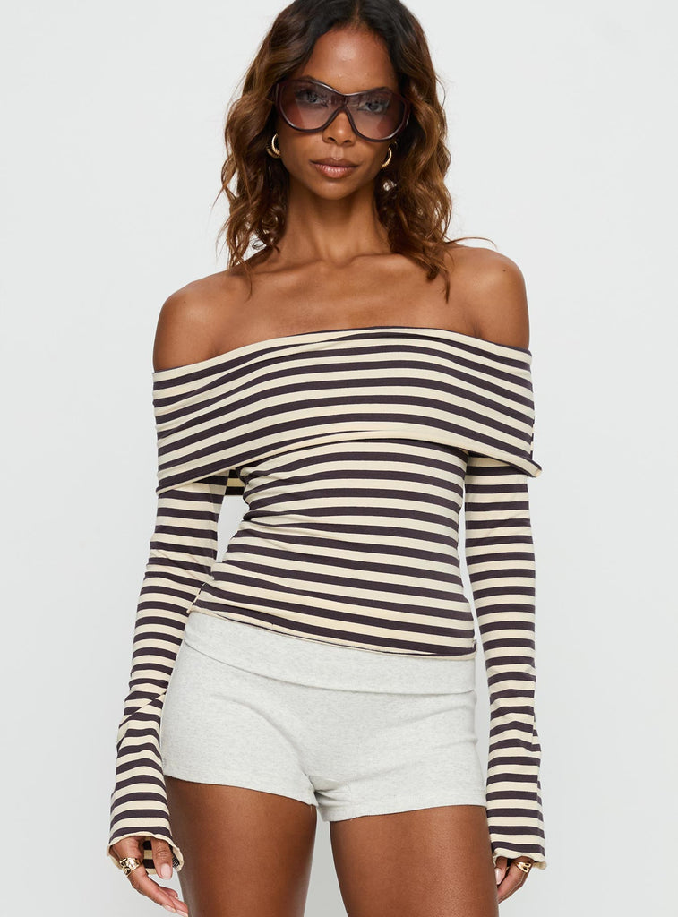 Janicia Off Shoulder Top Charcoal Stripe | Princess Polly
