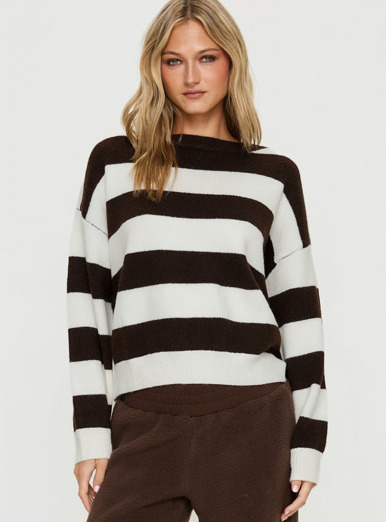 Corlie Crew Neck Knit Sweater Brown Stripe | Princess Polly