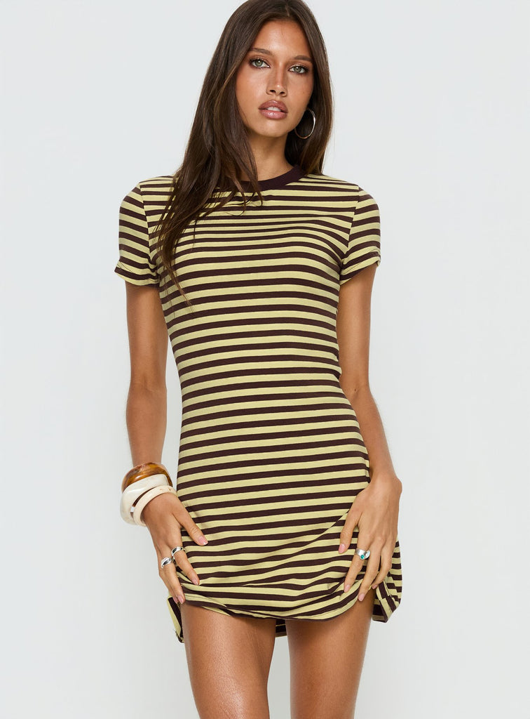 Settle Down Short Sleeve Mini Dress Yellow Stripe | Princess Polly