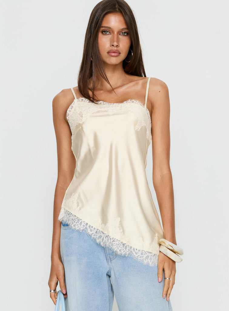 Winta Lace Trim Asymmetrical Satin Top Cream | Princess Polly