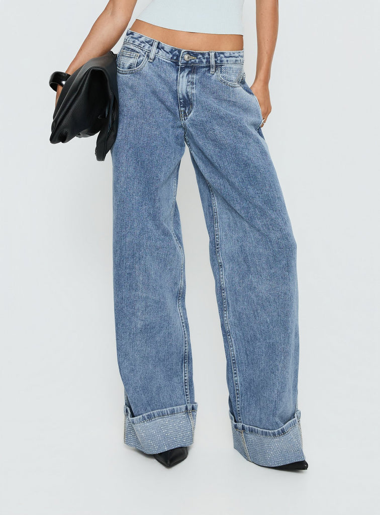 Ramos Diamante Low Rise Wide Leg Jeans Washed Mid Blue | Princess Polly
