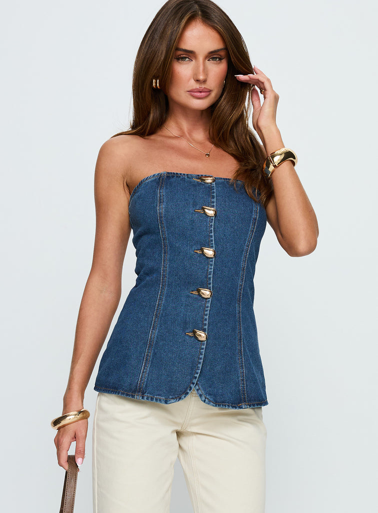 Deann Denim Strapless Top Mid Blue Wash | Princess Polly