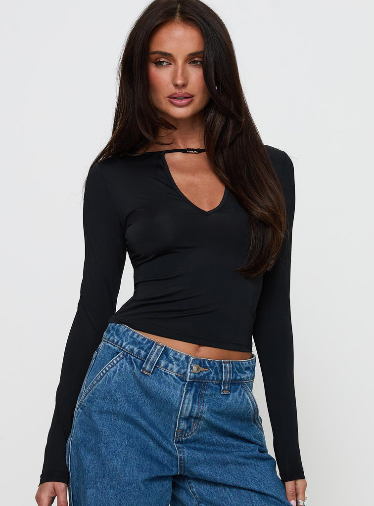 Layna Long Sleeve Plunge Neck Top Black | Princess Polly