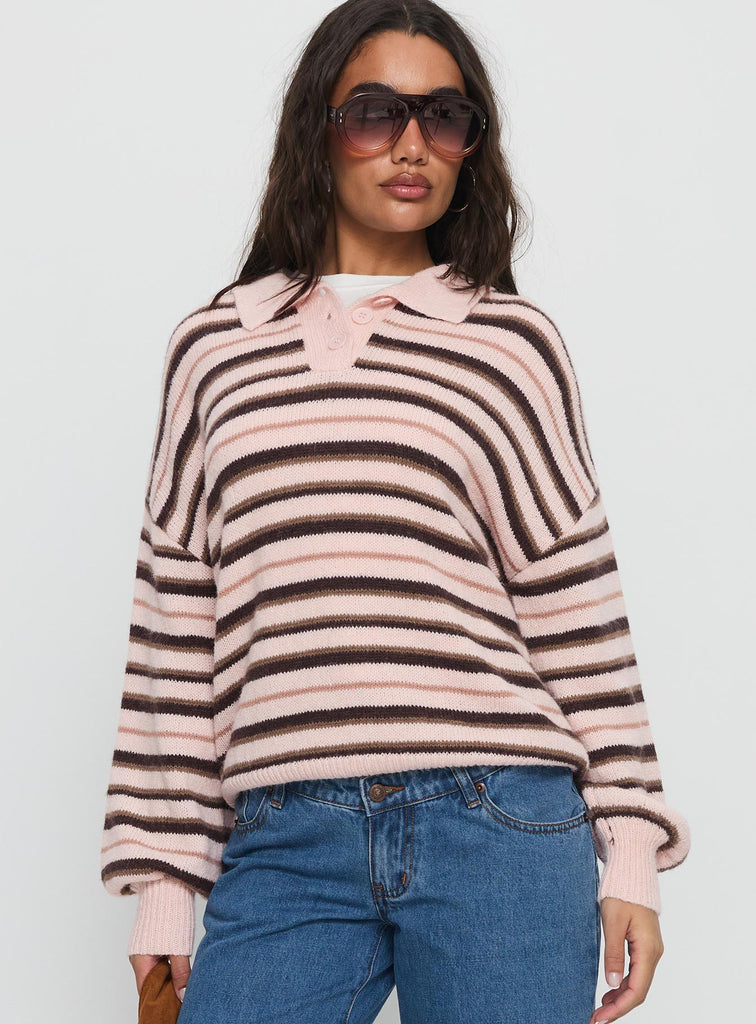 Jeanny Collared Knit Sweater Brown / Pink Stripe | Princess Polly
